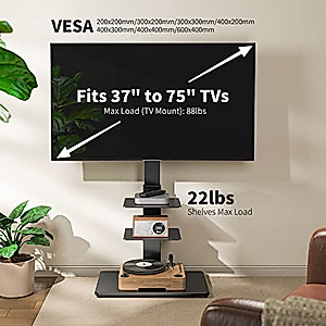 AM alphamount TV Stand with Mount for 37 40 43 49 50 55 60 65 70 75 Inch LCD LED TVs, Height Adjustable Swivel Universal Tall Floor TV Stand with Storage Shelves for Bedroom and Living Room