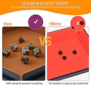 Grajar 2 Pcs Portable Folding Dice Rolling Tray Set for RPG DND Table Games - PU Leather and Velvet Holder Storage Box - Blue and Camel