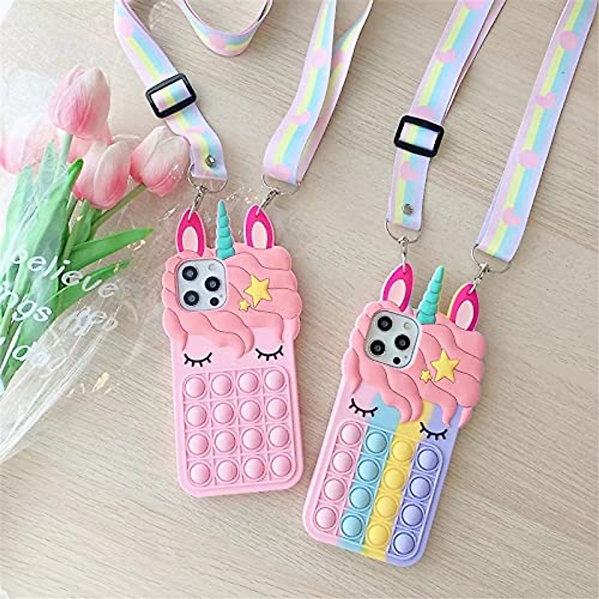 MME Fidget Case for iPhone Case - Cute Fun Funny Soft Silicone Cover for Girls Kids Women, 3D Cartoon Character Kawaii Bubble Cases with Rainbow Neck Lanyard (SE 2022/2020, Color)