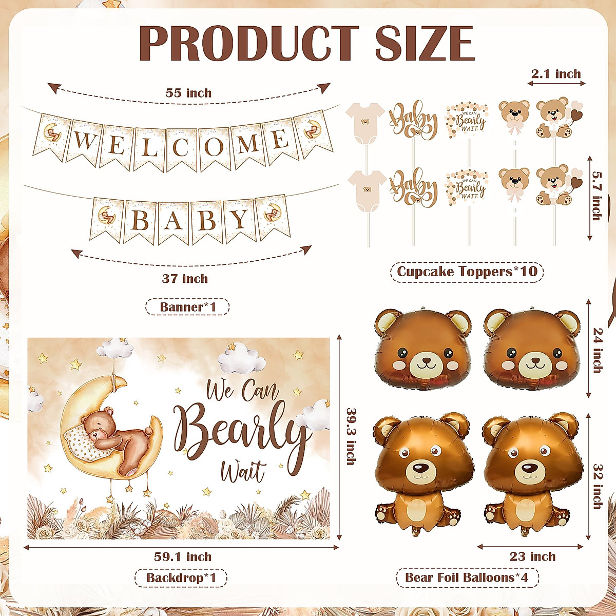 We Can Bearly Wait Baby Shower Decorations, Neutral Teddy Bear Baby Shower with Baby Shower Backdrop Tablecloth Cake Topper Balloon Garland Kit for Cute Bear Gender Reveal Decor