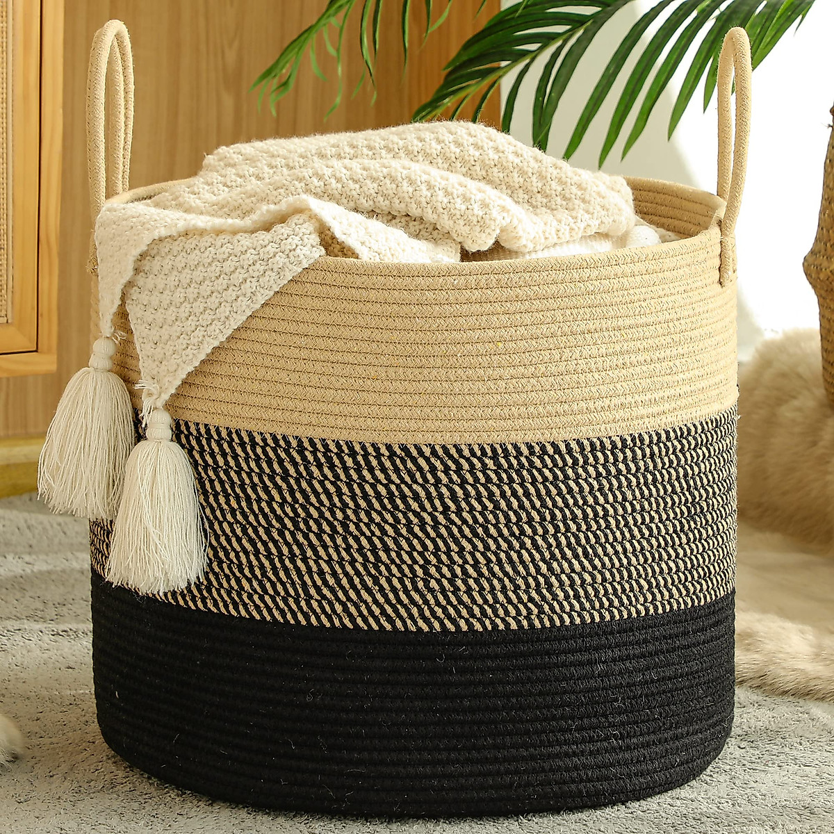 KAKAMAY Large Blanket Basket,Woven Baby Laundry Hamper for Storage, Cotton Rope Blankets Baskets for Nursery, Laundry, Living Room, Pillows, Baby Toy Chest with Handles (Black)