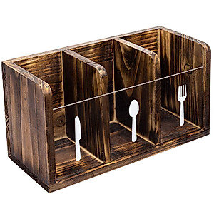 MyGift Torched Wood Flatware Caddy with Clear Acrylic Front Panel, Dining Utensils Holder, Cutlery Storage Organizer Bin with Fork, Spoon and Knife Labels