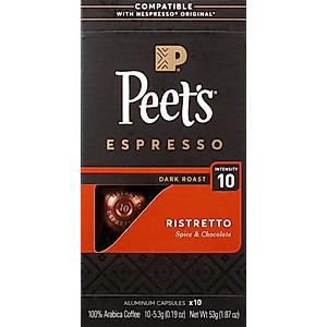 Peet's Coffee, Dark Roast Espresso Pods, Ristretto Intensity 10, 10 Count (1 Box of 10 Espresso Capsules)