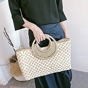 QTKJ Women Summer Retro Straw Bag with Zip Hand-woven Beach Handbag Top Round Handle Boho Tote Bag Shopping and Travel Large Bag (Beige 2)