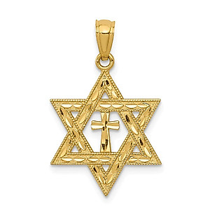 JewelryWeb 14k Yellow Gold Messianic Textured Religious Judaica Star of David With Cross Pendant - 16mm x 22mm - Star of David with Cross Necklace - Interfaith Gift for her