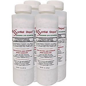 Potassium Hydroxide Flakes KOH, 4 lbs (4 x 1lb Container) Caustic Potash Anhydrous KOH Dry Electrolyte - HDPE Container with resealable Child Resistant Cap