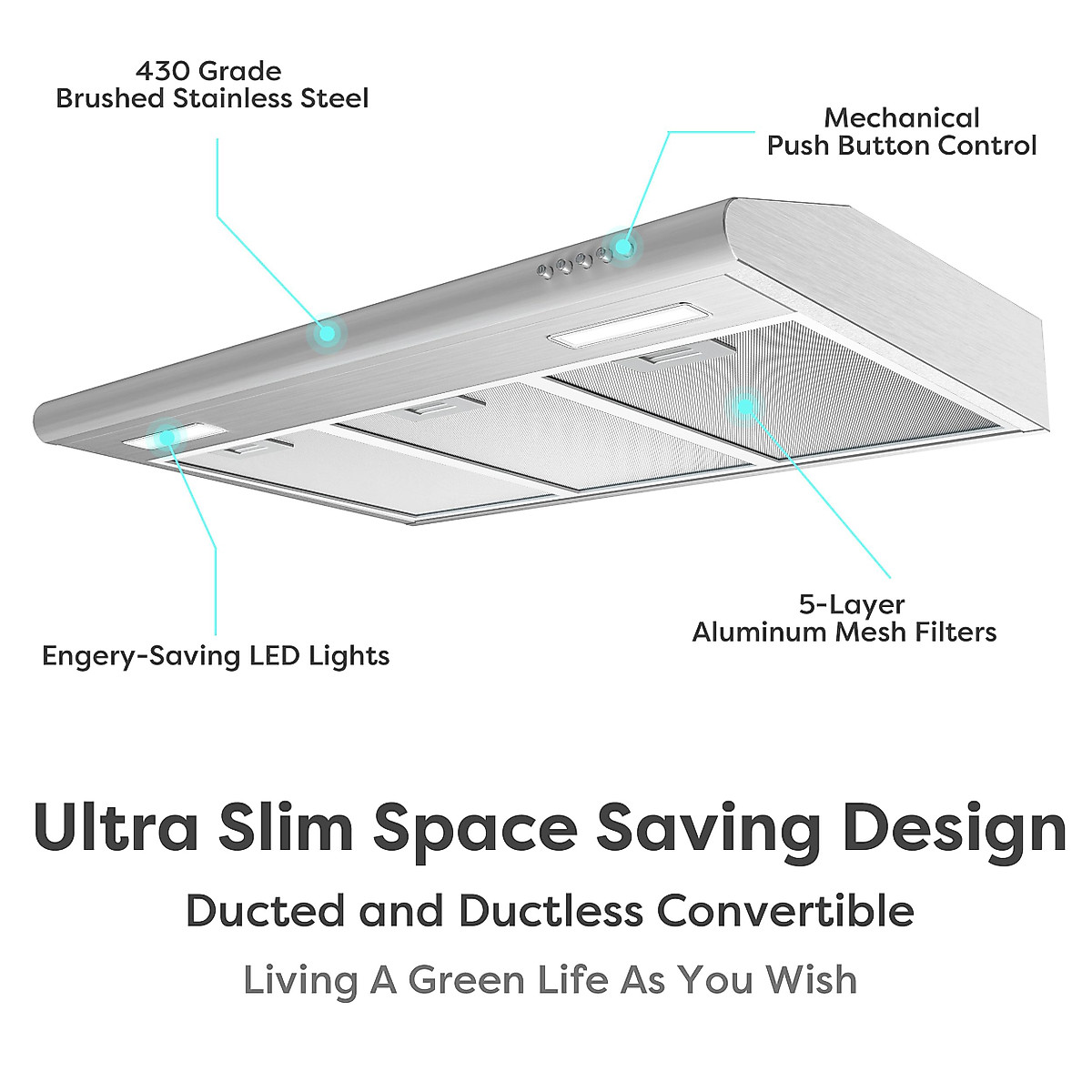 30 inch Under Cabinet Range Hood with Filters, Slim Vent Hood with 3 Speed Exhaust Fan in Stainless Steel Ducted and Ductless Convertible, CIARRA CAS75918B-006