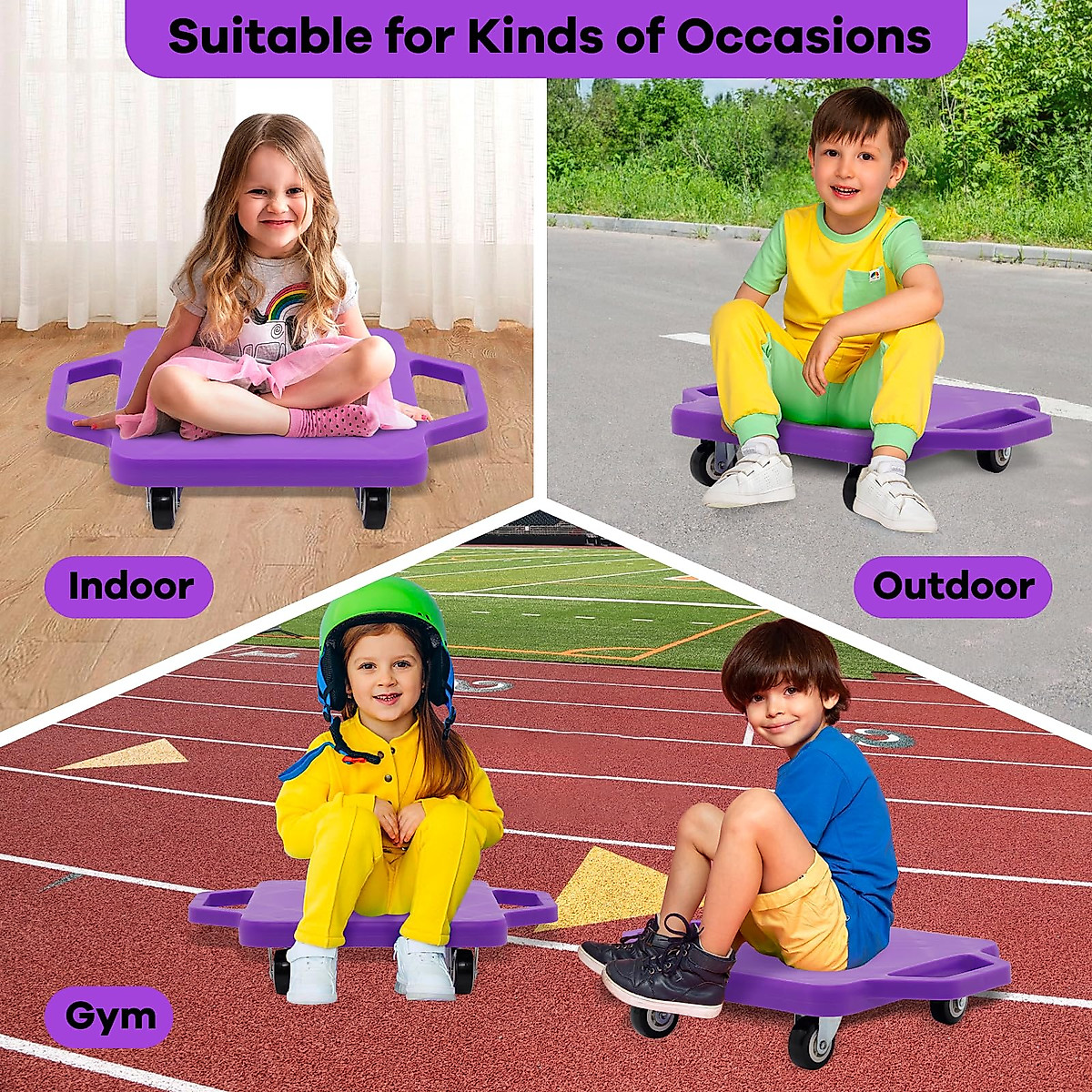 Kids Sitting Scooter Board with Universal Wheels Safety Plastic Scooter for Kids Ages 6-12 Manual Sport Scooters with Handles for Gym Class(Pueple)