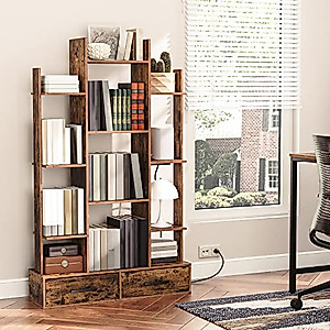 HOOBRO Bookshelf, Bookcase with Charging Station and 2 Drawers Storage, Rustic Tree Shaped Wooden Bookshelves with 12 Storage Shelves, for Bedroom, Home Office, Living Room BF140USJ01