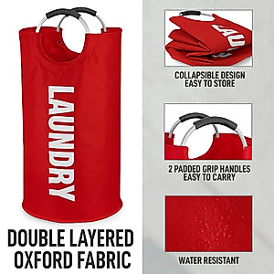 Zulay Home 82L Large Heavy Duty Laundry Basket Collapsible - Non-Slip Padded Laundry Bag With Handles - Waterproof Collapsible Laundry Baskets & Laundry Hampers For Bedroom, Dorm, Travel (Red)