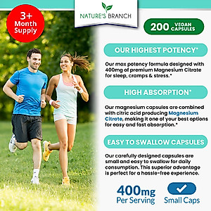 Magnesium Citrate 400mg - 200 Capsules - High Potency for Sleep, Leg Cramps, Extra Strength Absorption, Easy to Swallow Pills for Women & Men, Vegan Supplement Not Tablets - Made in USA