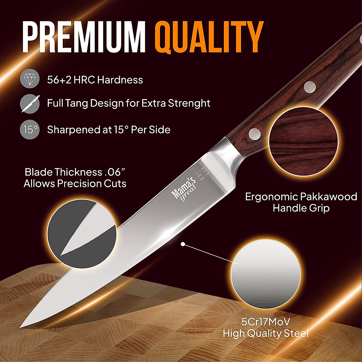 Mama's Great 5 inch Kitchen Utility Knife with Razor Sharp 7cr17mov High Carbon Stainless Steel Full Tang Blade and Ergonomic Non-Slip Pakkawood Handle