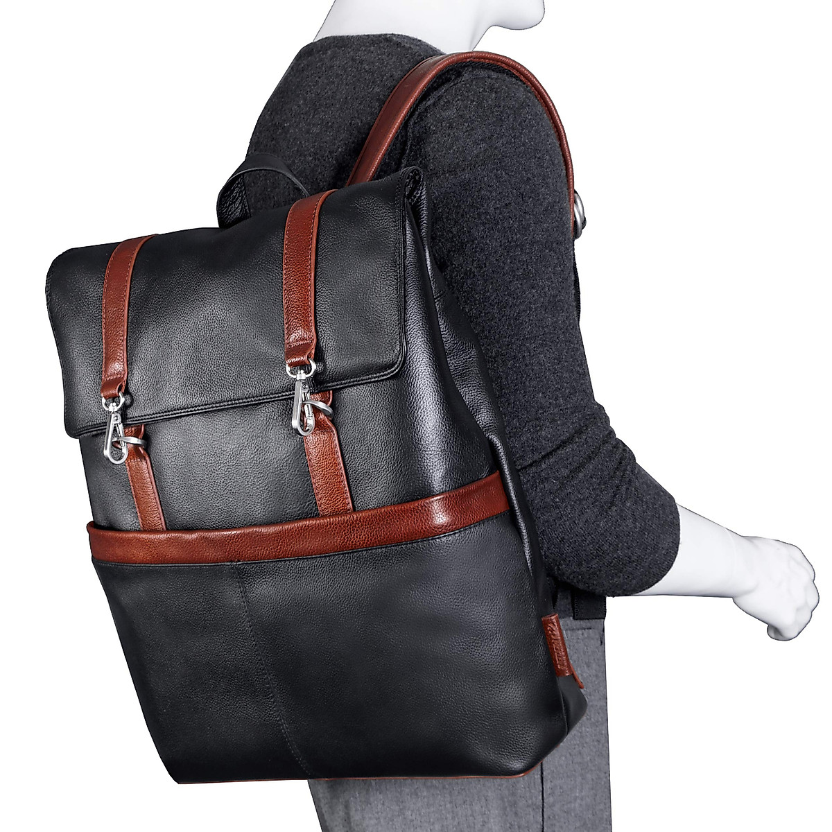McKleinUSA Element Pebble Grain Calfskin Leather 17" Leather Two-Tone Flap-Over Laptop & Tablet Backpack Black (18472)