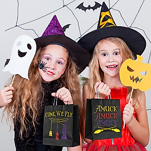 24 Pieces Halloween Small Gift Bags with Handles Hocus Pocus Theme Halloween Kraft Paper Party Favor Bags Witch Goodie Bags with Handles for Halloween, Birthday, Crafts, Party Supplies