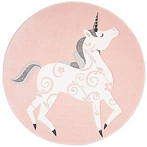 SAFAVIEH Carousel Kids Collection Area Rug - 5'3" Round, Pink & Ivory, Non-Shedding & Easy Care, Ideal for High Traffic Areas for Boys & Girls in Playroom, Nursery, Bedroom (CRK163P)