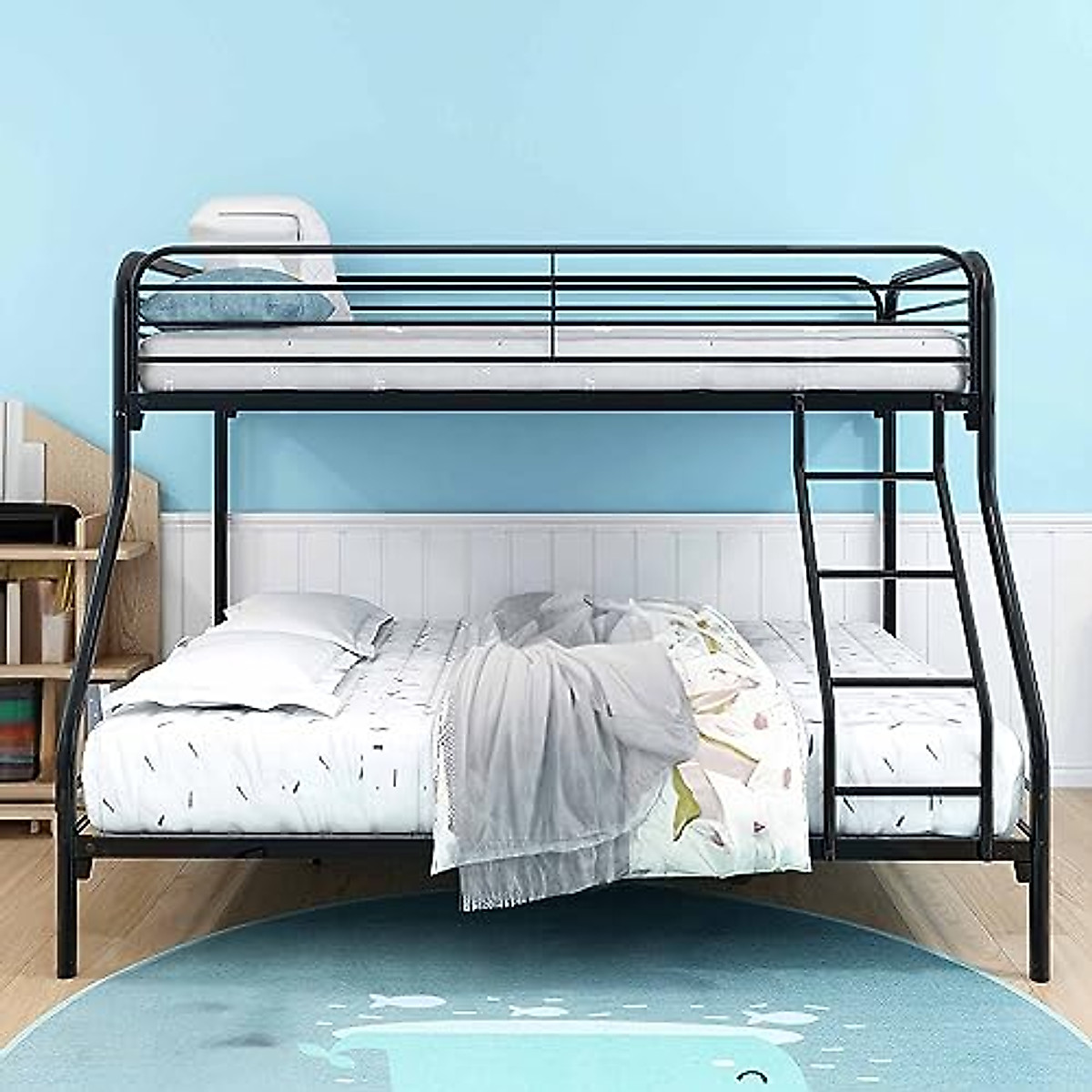 RIDFY Metal Bunk Bed with Guardrail and Ladders, Heavy Duty Twin Over Full Beds Frame for Kids/Teen/Adults, Space-Saving, Noise Free, No Box Spring Needed, Easy Assembly (Black)