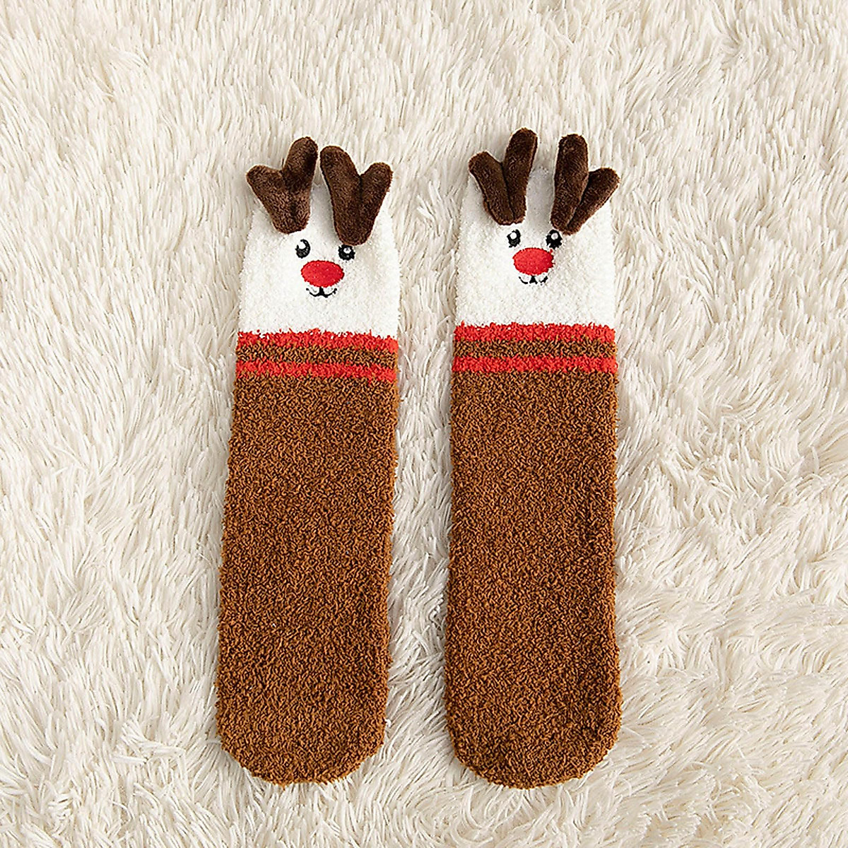 Fuzzy Stockings for Christmas New Pattern Cartoon Cute Christmas Socks Winter Warm and Comfortable (Brown, One Size)