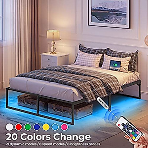 Rolanstar Bed Frame with USB Charging Station, Queen Bed Frame with LED Lights, Platform Bed Frame with Heavy Duty Steel Slats, 14" Storage Space Beneath Bed