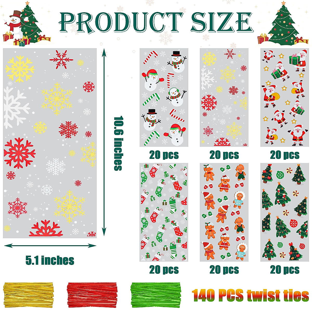 Twavang 120 Pcs Christmas Cellophane Treat Bags, Xmas Gift Bags Candy Goodies Bags with 140 Pcs Twists for Snacks Cookies Packing (10.6 x 5.1 inches)