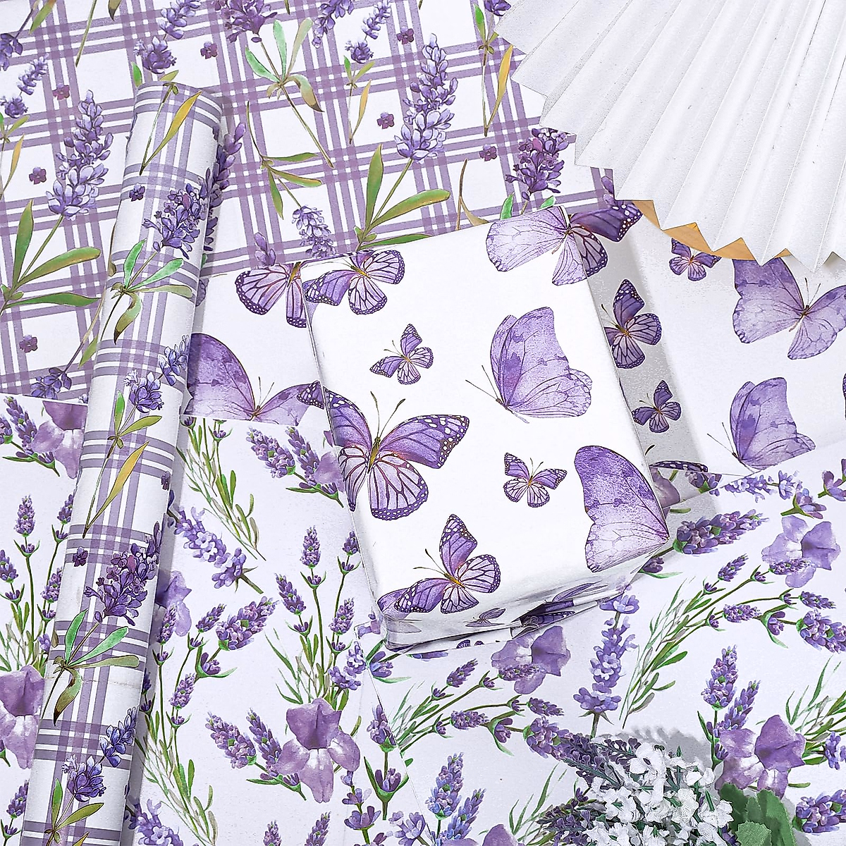 AnyDesign 12 Sheet Floral Wrapping Paper Purple Lavender Butterfly Gift Wrap Paper Folded Flat Floral Art Paper for Wedding Birthday Baby Shower Party Gift Packing DIY Craft, 19.7 x 27.6 Inch