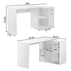 VANSPACE L-Shaped Rotating Computer Desk 68 inch with Storage Shelves Home Office Corner Desk with Drawers and File Cabinet Multipurpose Study Writing Table for Bedroom Small Space White