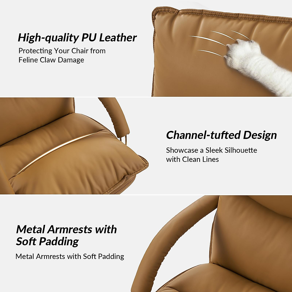 HULALA HOME Office Desk Chair, Leather Adjustable Swivel Computer Chair with Golden Legs and Padded Arms, Comfy Upholstered Task Chair, Camel