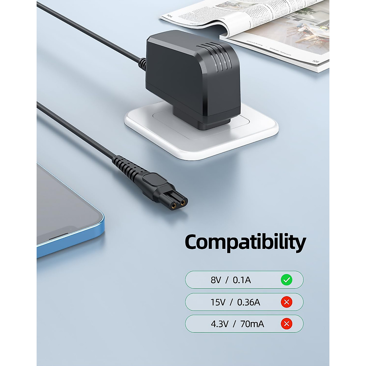 8V Charger Cord Fit for Philips Norelco HQ850 QP2630 QP2530 One Blade Oneblade Electric Shaver Razor Trimmer Adapter Power Supply Charging Cord