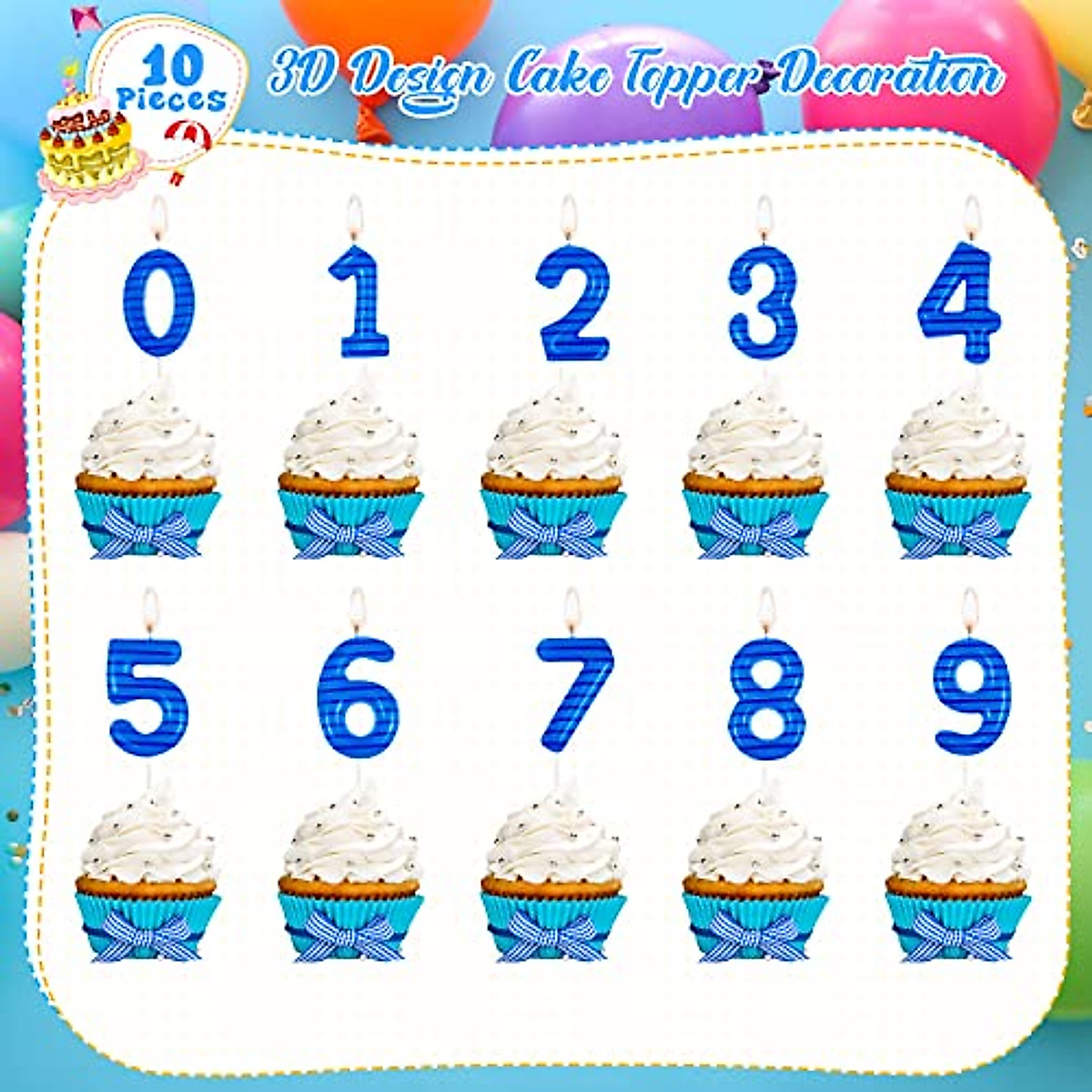 10 Pieces Number Birthday Candles 2.36 Inch Blue Stripes Numeric Birthday Candles Glitter Numbers 0-9 Birthday Cake Candle 3D Design Cake Topper Decoration for Birthday Party Wedding Decor Supplies