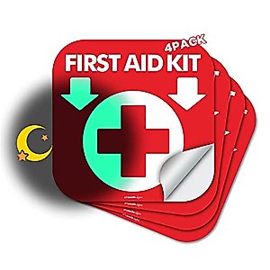 First Aid Kit Sign Glow in The Dark 4 Pack 6"x 6"First Aid Kit Inside Signs Stickers Photoluminescent, Glows for Up to 8 Hours