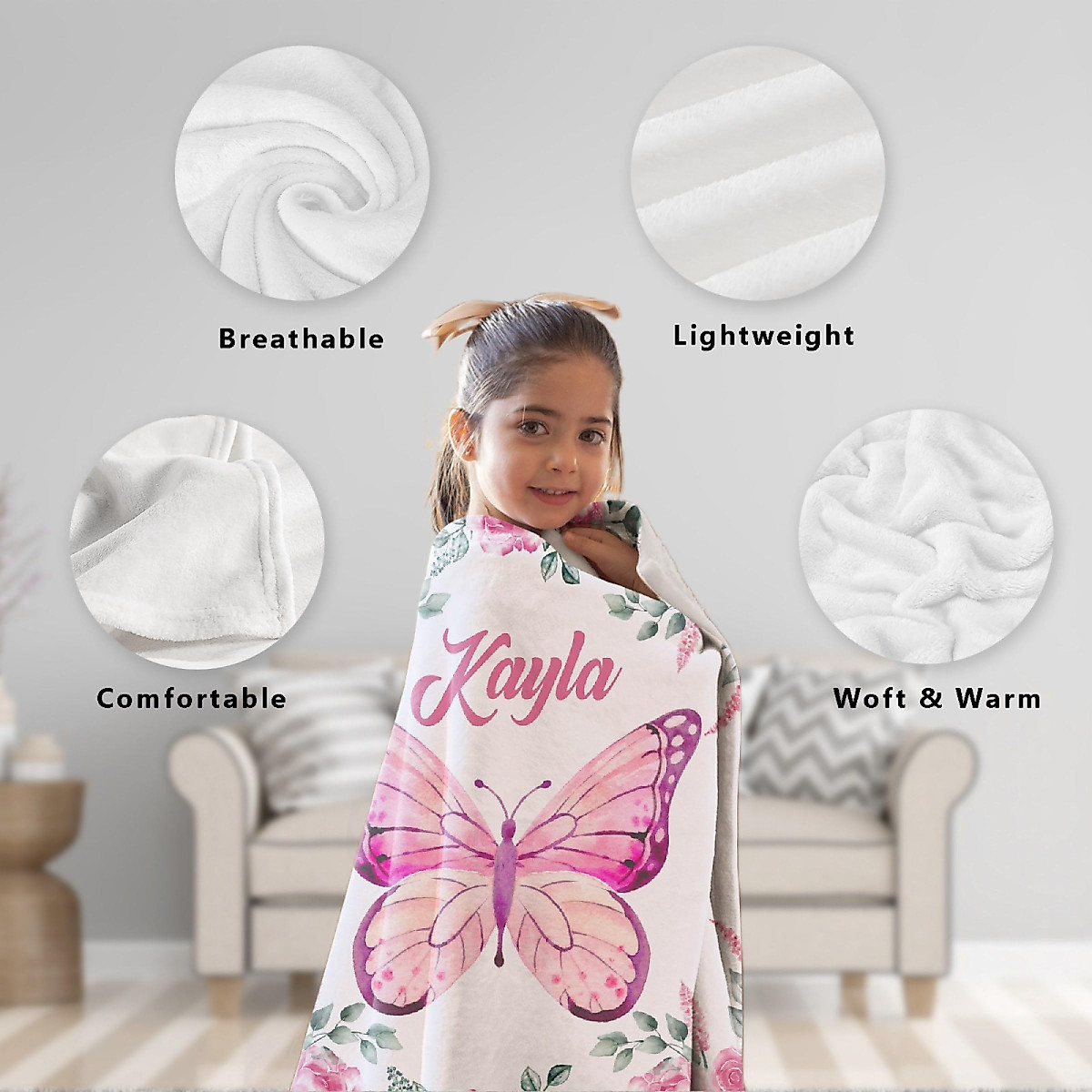 Custom Baby Butterfly Blanket Fuzzy Soft Personalized Blankets Flannel Throws Plush Blanket for Couch Bed Sofa Practical Gift 60"×50" for Teen