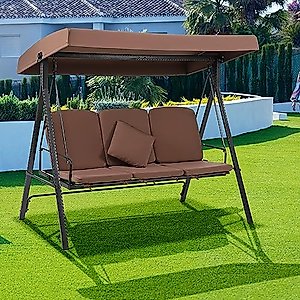 STMHOM 3-Seat Extended Outdoor Swing,Patio Swing Chair with Canopy,Swing Chairs for Outside,Porch Swings Bed Outdoor with Stand,Adjustable Shade, Removable Cushions,Backyard Swing,Garden Swing,Brown