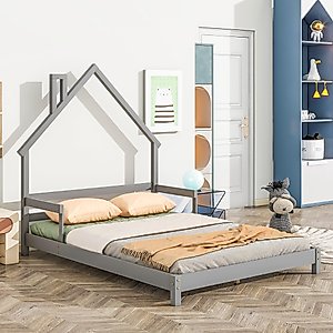 Floor Bed for Kids, Full Size Montessori Bed with House Shape Headboard, Wood House Bed with Slats for Boys Girls, Low Platform Bed, No Box Spring Needed, Gray