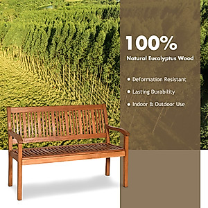 DORTALA 50'' Patio Wooden Bench, Eucalyptus Wood Loveseat with Ergonomic Backrest, Curved Armrests, Sloping Seat, Garden Slatted Bench, Ideal for Patio, Porch, Yard, Lawn, 705 lbs Weight Capacity