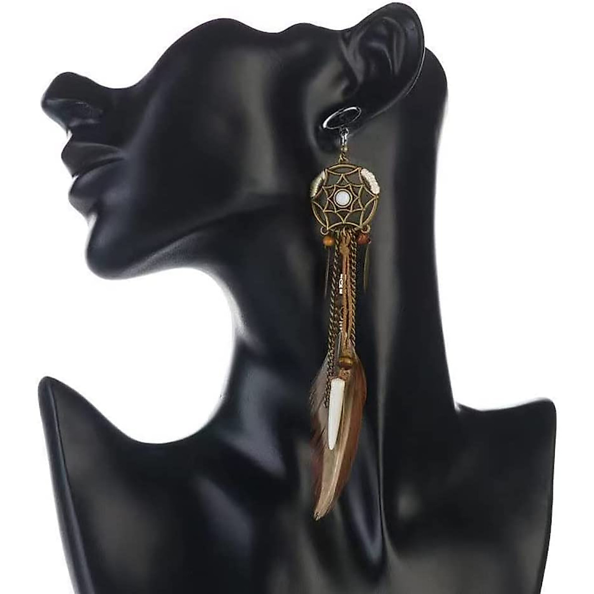 ZHAOZOUL 2 Pieces Stainless Steel Ethnic Feather Pendant Hanging Ear Gauge Ear Meat Tunnel Plug Boho Feather Tassel Ear Extension,Silver,10mm