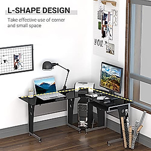 HOMCOM L-Shaped Corner Computer Desk Gaming Table Home Office Workstation Glass Top P2 MDF with Keyboard Tray - Black