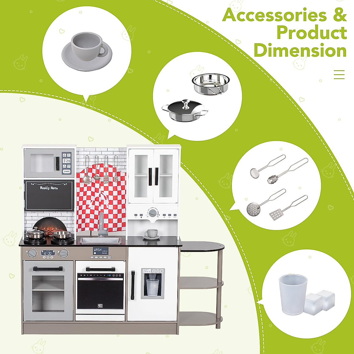 BRINJOY Kids Kitchen Playset, Wooden Toddler Kitchen Set w/Curtains, Coffee Maker, Storage Shelf, Stove,Sink, Utensils, Light & Sound, Kids Pretend Play Kitchen Toy Gift for Girls Boys (3-Stage)