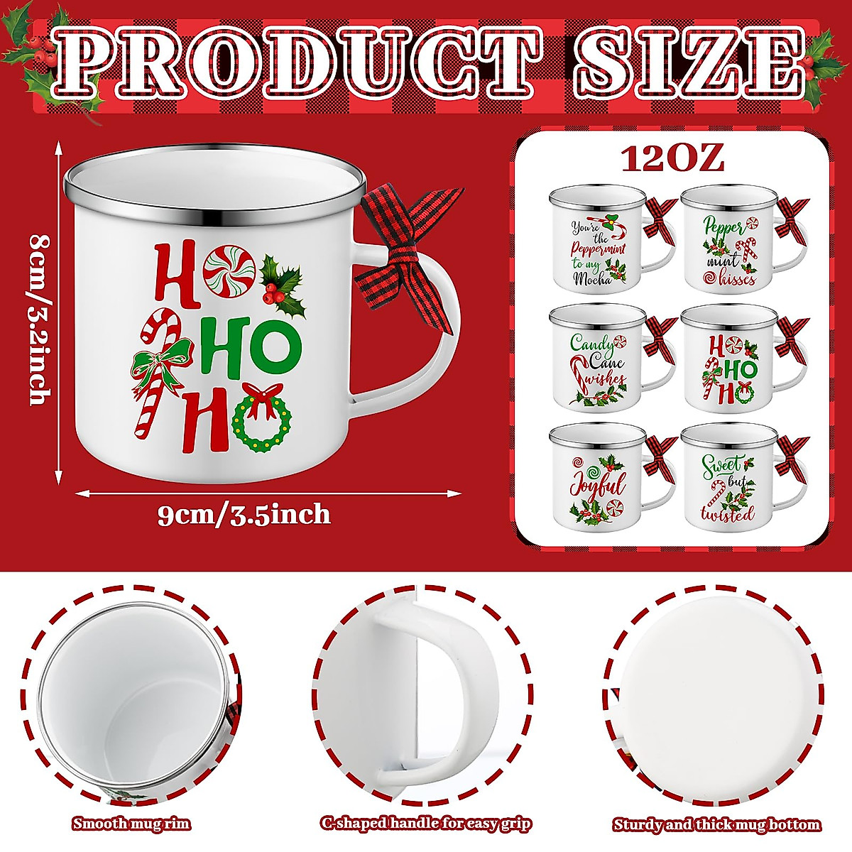 Shellwei 12 Pcs Christmas Enamel Mugs Christmas Holiday Coffee Mug Set Camping Coffee Mug Bulk 12 oz Metal Enamel Coffee Cups Travel Mugs Christmas Decoration Gift for Home Diner Birthday Wedding