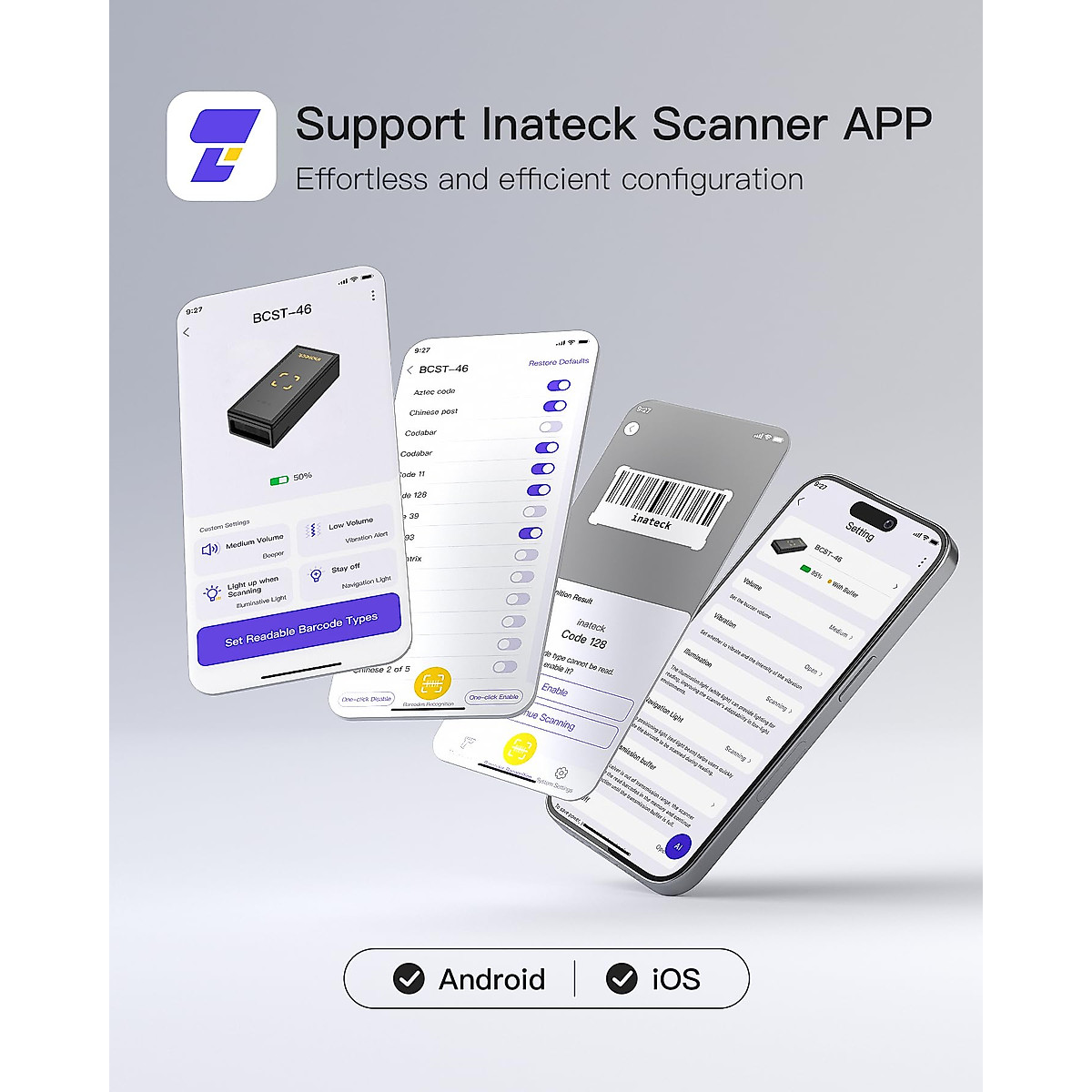 Inateck Barcode Scanner Bluetooth, 1D 2D QR Code Scanner Kabellos 2.4GHz, Portable Wireless Barcode-Scanner Laser, Mini Handscanner with APP and SDK, BCST-46