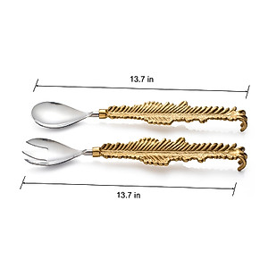 GUTE Gold Leaf Salad Servers Brass & Stainless Steel, Fork & Spoon Set Leaf Design, Two Tone Ideal for Weddings, Dinner, Elegant Flatware, Housewarming, Stainless Steel Mirror Polished