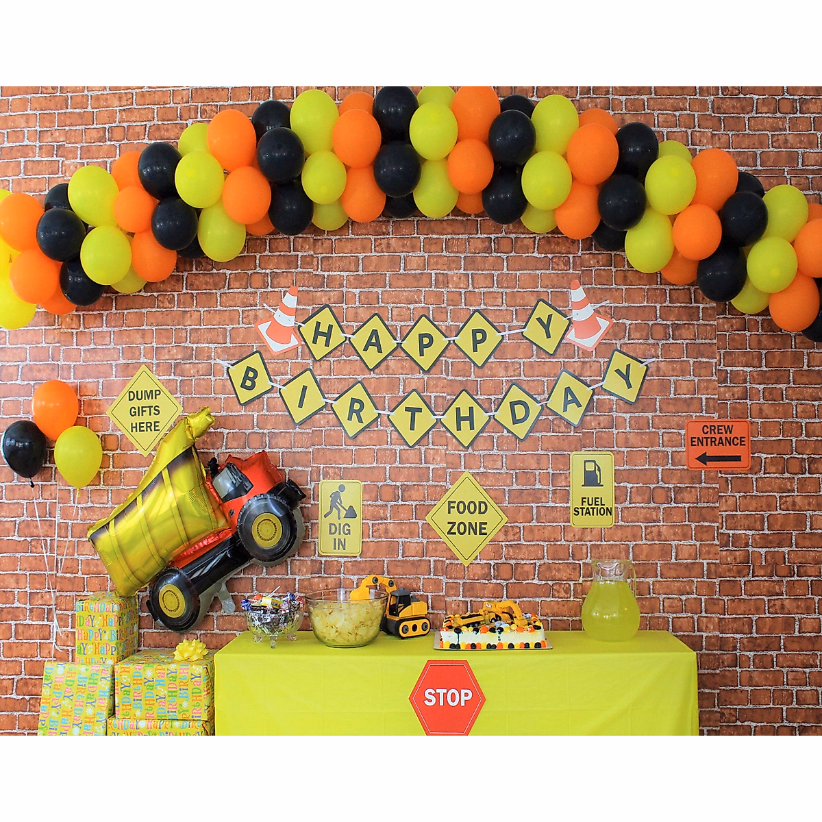 construction birthday party supplies,119pc.Orange Black Yellow Balloon Garland,Happy Birthday Banner, Dump Truck Balloon,Construction Signs, DIY Arch Tool Kit, Quarantine birthday decorations