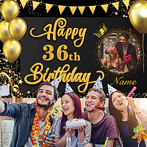 Custom Happy 36th Birthday Decorations Banner -36 Years Old Birthday Decorations Backdrop for Women Men Boys Girls - Personalization Happy 36th Birthday Party Decorations Supplies - Black and Gold