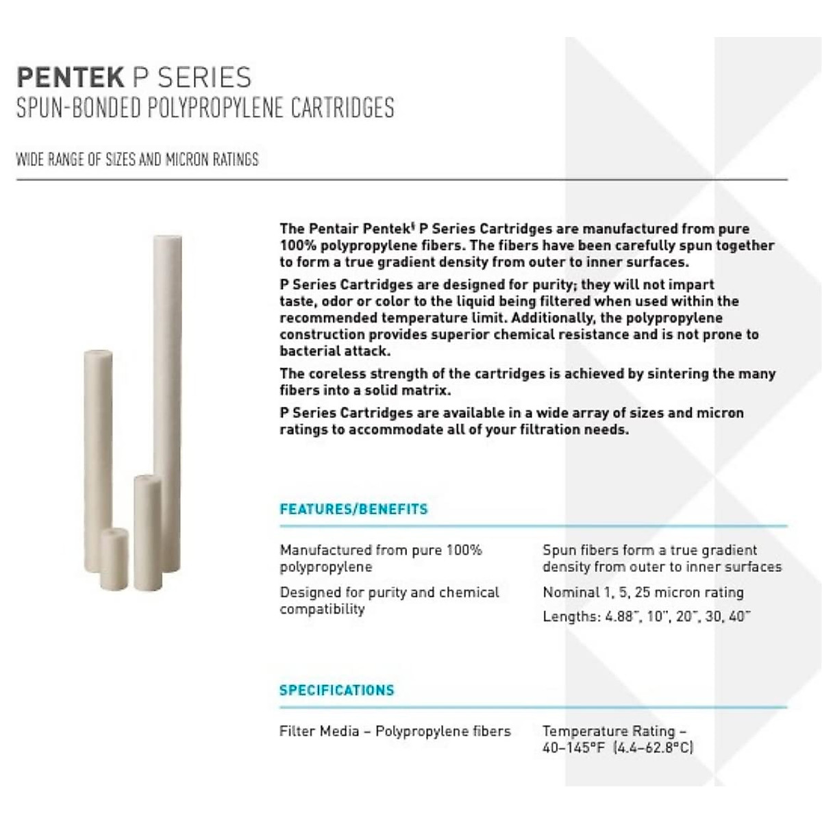 Pentair Pentek P5-478 Sediment Water Filter, 5-Inch, Under Sink Spun-Bonded Polypropylene Replacement Cartridge, 5" x 2.5", 5 Micron