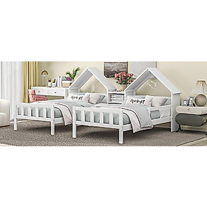 Flieks Double Twin Size Platform Bed with House-Shaped Headboard and a Built-in Nightstand, White
