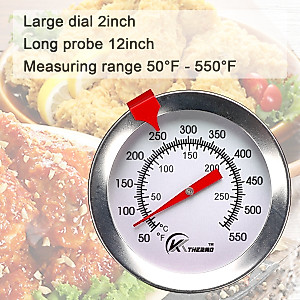 KT THERMO Candy/Deep Fry Thermometer with Instant Read,Dial Thermometer,12" Stainless Steel Stem Meat Cooking Thermometer,Best for Turkey,BBQ,Grill