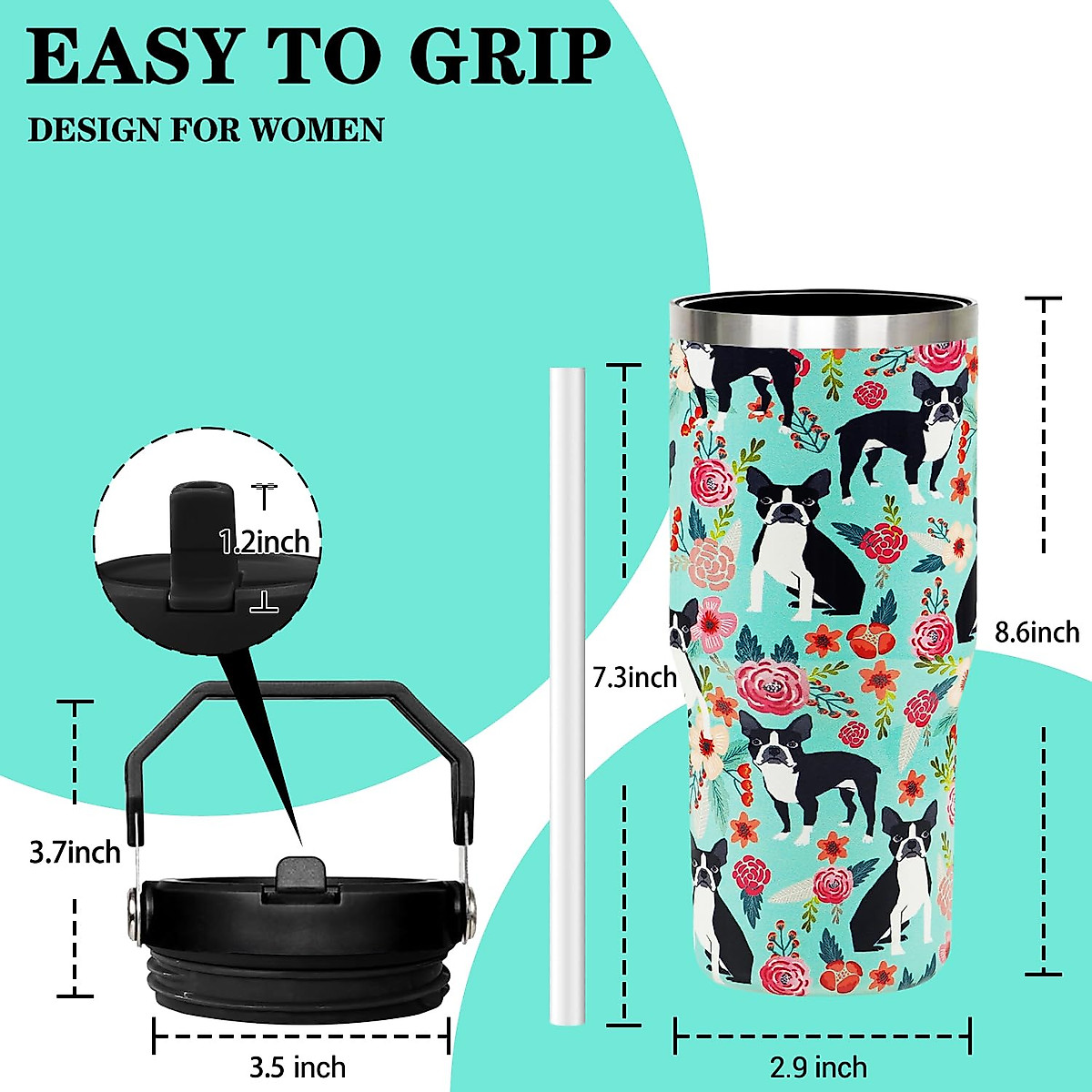 Boston Terrier Gifts Boston Terrier Tumbler with Handle and Straw, Stainless Steel Vacuum Insulated Flip Straw 30 oz Spill Proof Coffee Travel Mug Boston Terrier Lovers Gifts