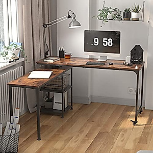 Need Mobile Computer Desk with Storage Shelves L-Shaped Rotating Corner Desk Home Office Desk Study Writing Desk with Wheels 55 Inches, Retro