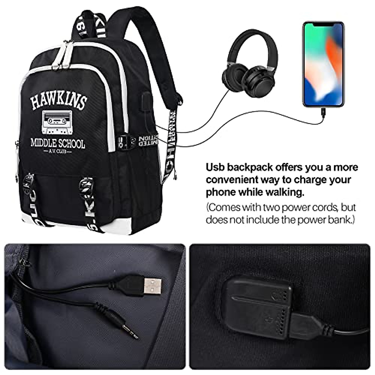 Laptop Bag USB Charging Middle School AV Club College Travel Bookbag 11.8x17.3 inches Backpack Daypack (Black+White)