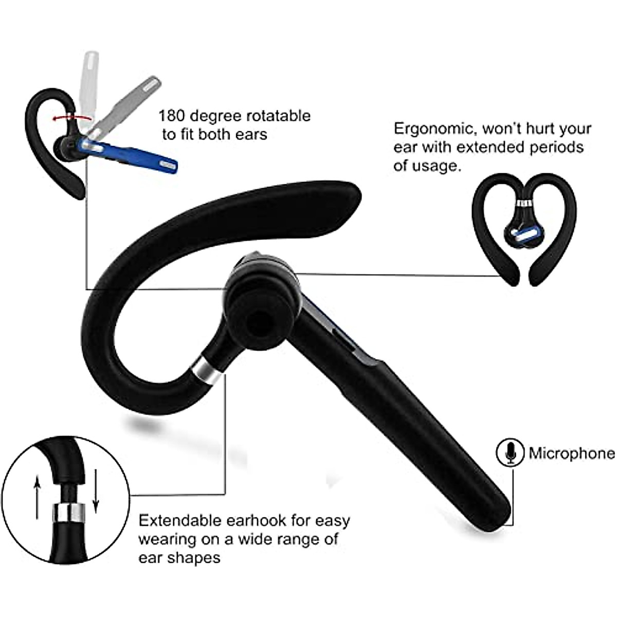 Bluetooth Headset, Wireless Bluetooth Earpiece V5.0 Hi-Fi Stereo Lightweight Headphones Hands-free Earphones with Noise Cancellation Microphone for Cellphones, Business Office/ Work Out/Trucker (Blue)