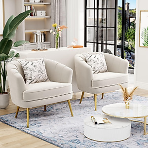 Andeworld Velvet Accent Chair, Upholstered Modern Single Sofa Side Chair,Comfy Barrel Club Living Room Armchair with Golden Metal Legs for Bedroom Living Reading Room Office, Beige