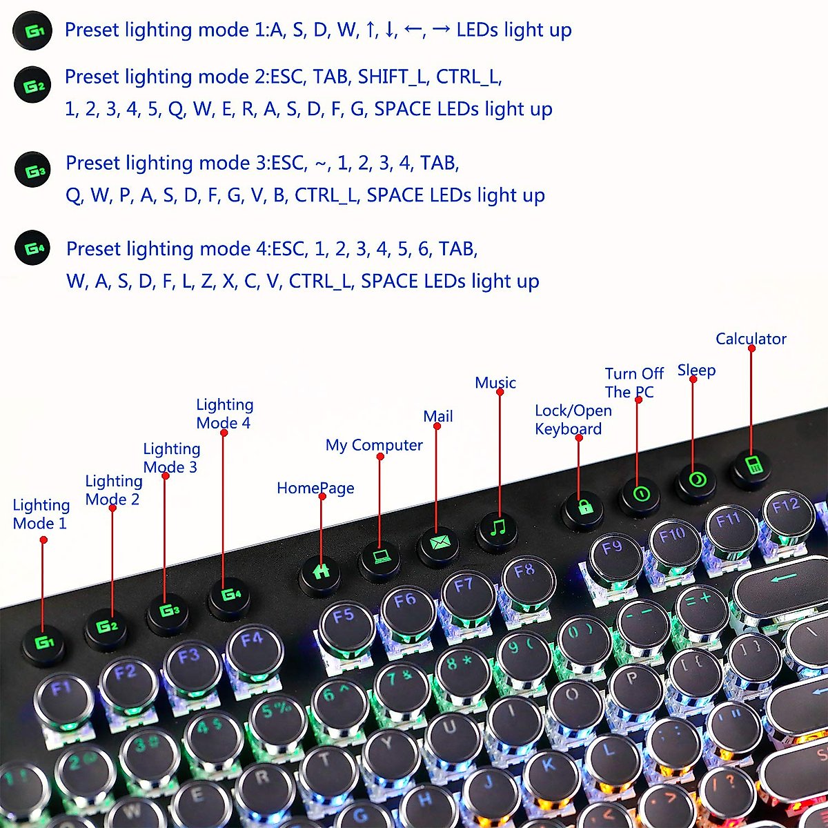 MK13 RGB Mechanical Keyboard Retro Gaming Keyboard-Blue Switches-LED Backlit -Silver-Plating-2 Knob and 12 Multimedia Buttons-104 Round Key Illuminated Keyboard for PC Gaming and MAC (MK13 Black)